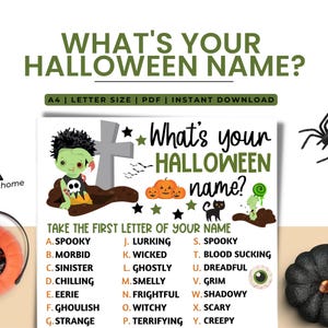 Whats Your Halloween Name Game, Halloween Party Sign, Spooky Kids Party ...