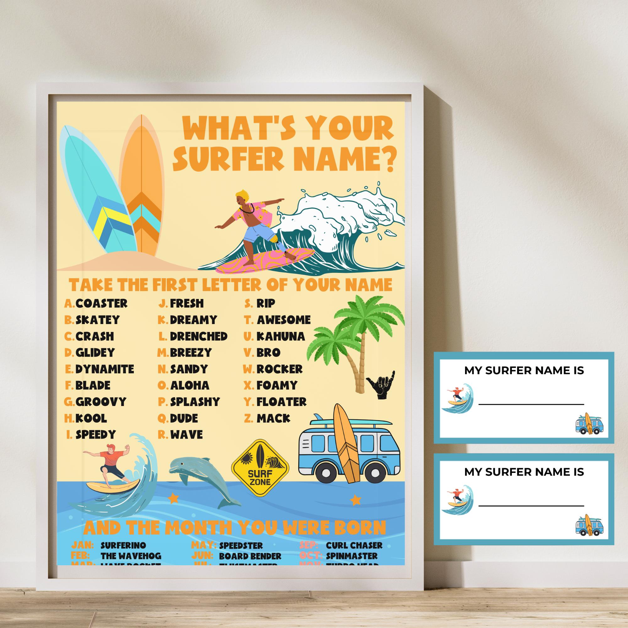 What's Your Surfer Name Game, Pool Birthday Party, Beach Party Game ...