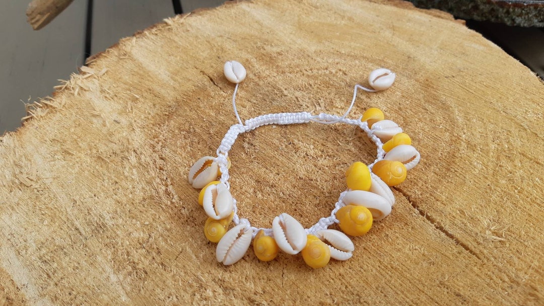 White Kauri Shell Ankle Strap With Yellow Shells and Braided Satin Cord ...