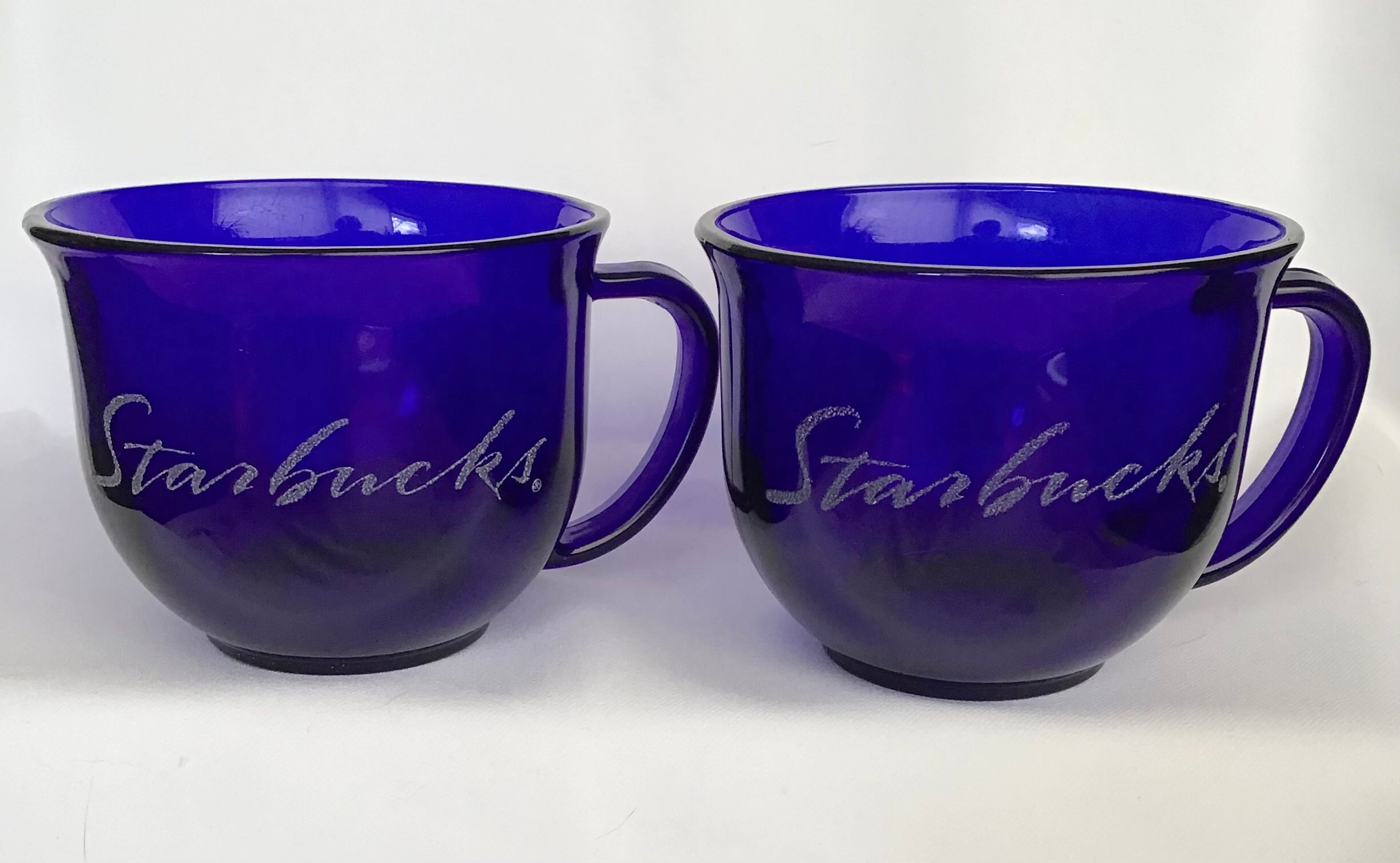 Set of 2 Vintage STARBUCKS Cobalt Blue Glass Etched Script Large Coffee ...