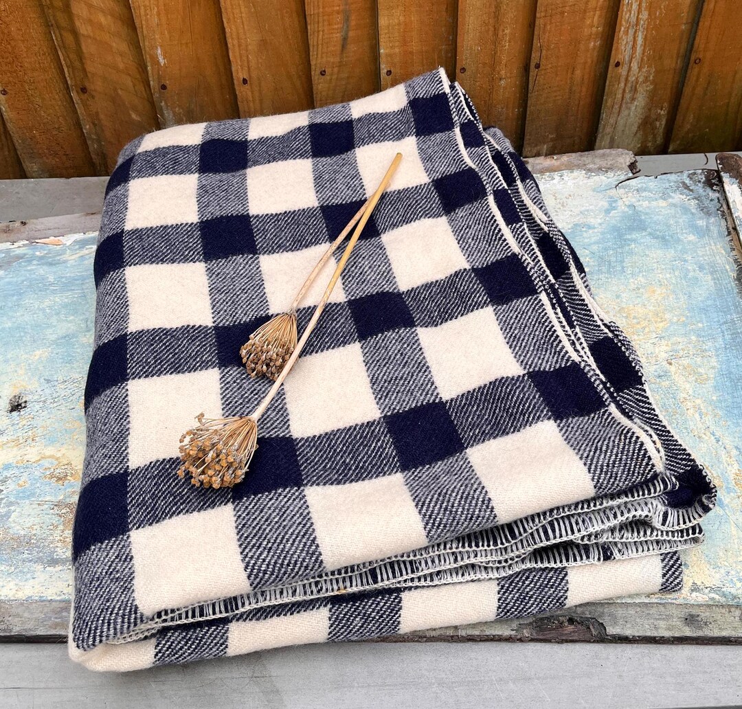 Vintage 1950s Aged Pure Wool Large Blue & Cream Plaid Check Blanket ...