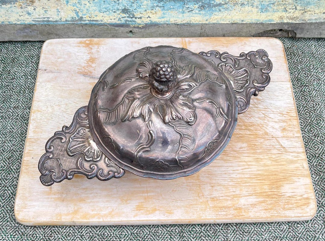 Antique English Pewter Art Nouveau Lidded Porringer Ecuelle With Ornate ...