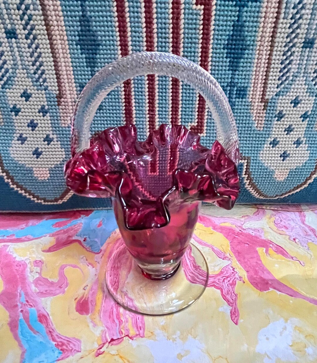 Antique Victorian Cranberry Glass Footed Frilly Edged Basket With ...
