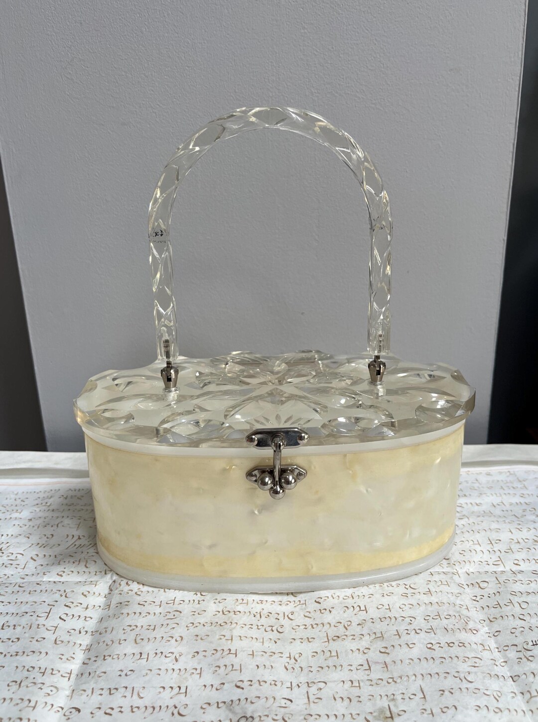 Vintage Original 1950s White Lucite Box Bag With Clear Lucite Facet ...