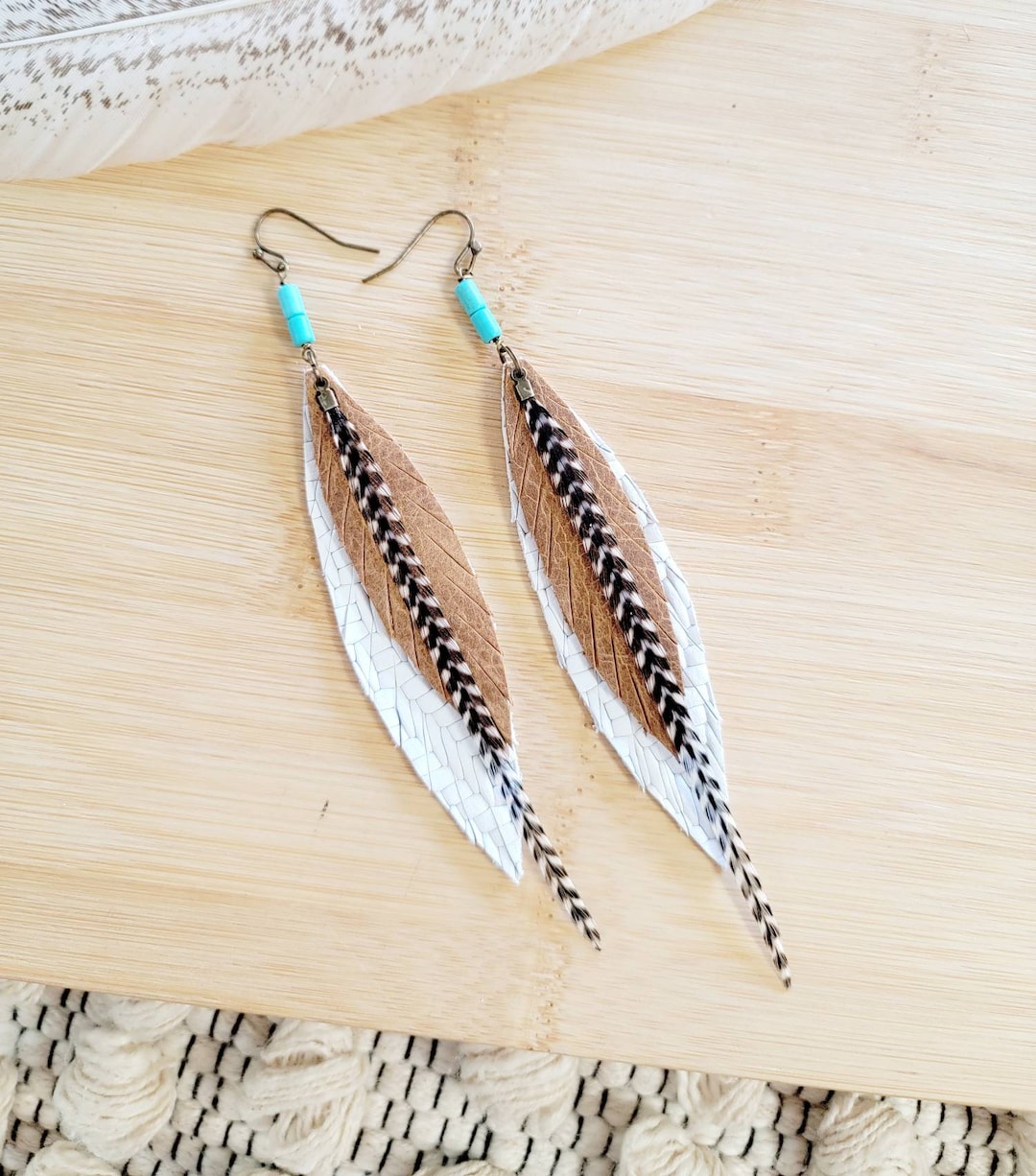 Leather Feather Earrings, Fringe Leather Earrings, Turquoise Earrings ...