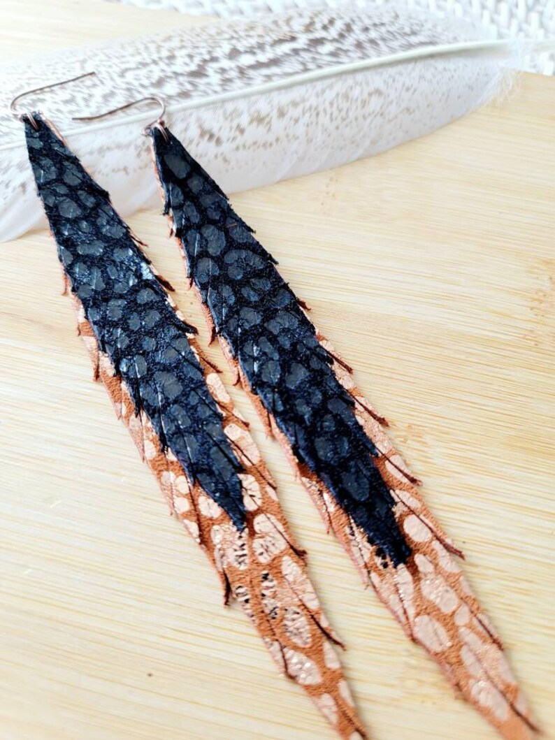 Leopard Print Leather Feather Earrings, Metallic Shimmer, Boho Western ...