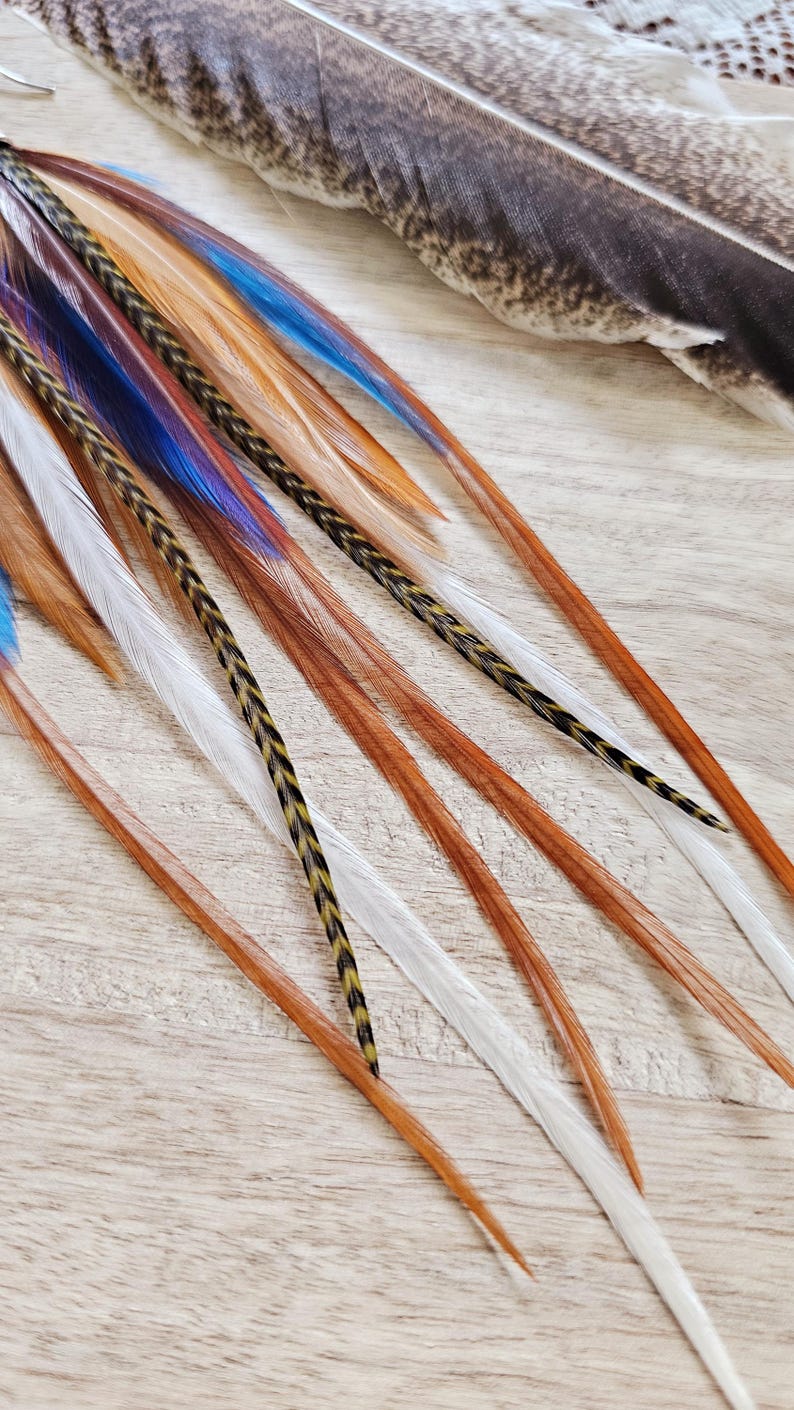 Blue Feather Earrings, Blue Boho Jewelry, Long Feather Earrings, Brown ...
