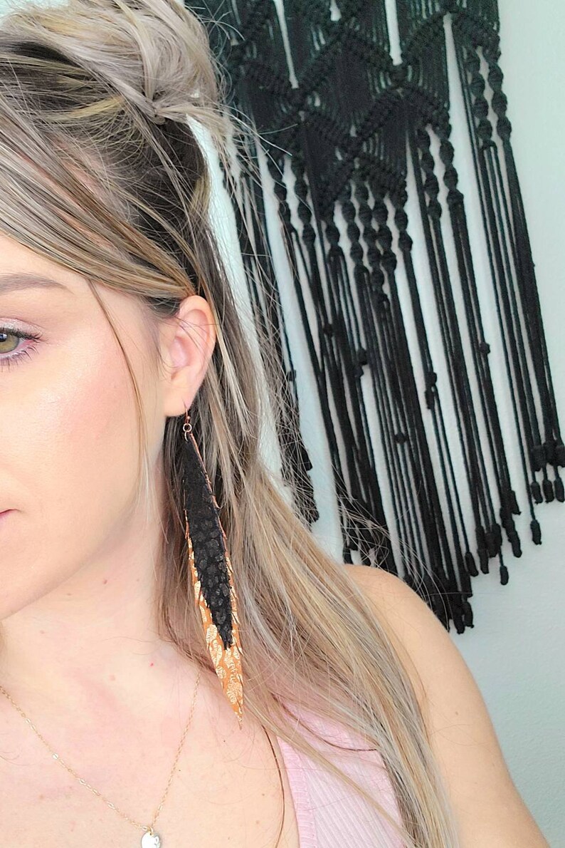 Leopard Print Leather Feather Earrings, Metallic Shimmer, Boho Western ...