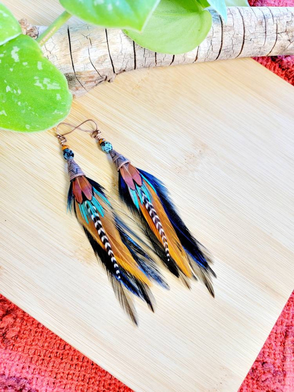 Black and Teal Feather Earrings, Natural Feather Earrings - Etsy