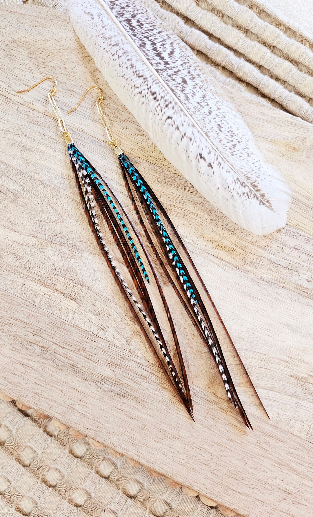 Teal Feather Earrings, Long Boho Grizzly Feather Dangles - Etsy
