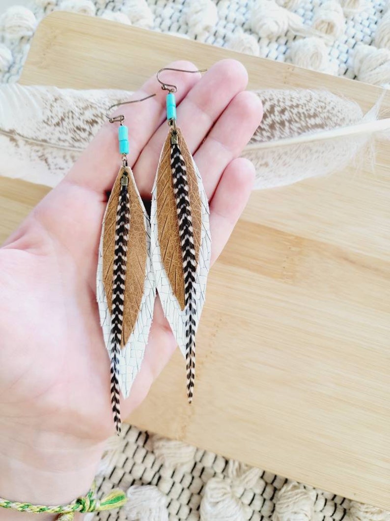 Leather Feather Earrings: Turquoise, Distressed Tan & White Boho Fringe ...