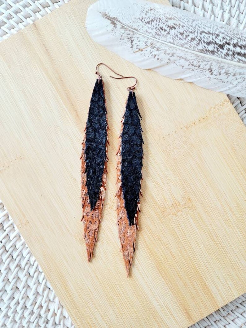 Leopard Print Leather Feather Earrings, Metallic Shimmer, Boho Western ...