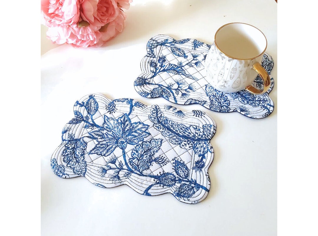 Quilted Mug Rugs in Blue and White, Set of Two Coasters With Scalloped ...