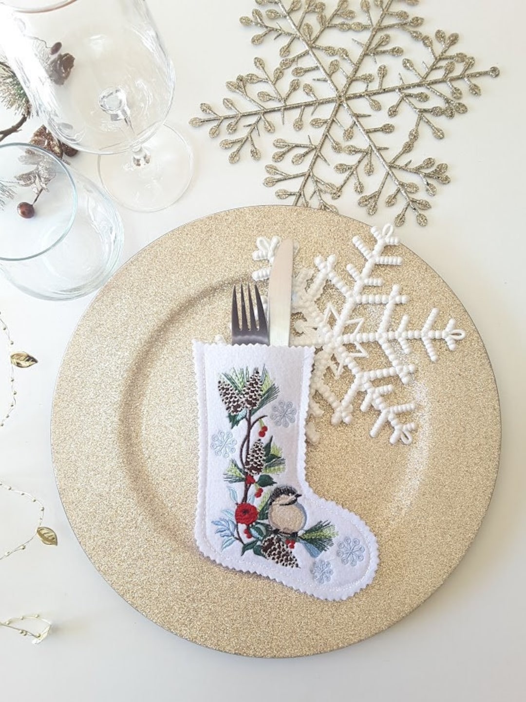 Silverware Pouch With Embroidered Coil , Personalised Christmas Table ...