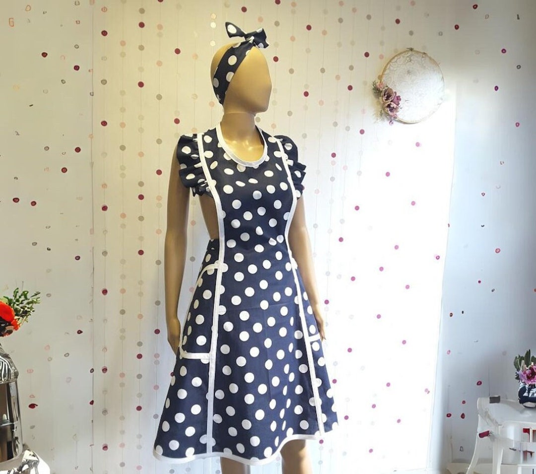 Handmade Retro Apron: Blue Polka Dot Cotton, Ruffled Pockets - Etsy