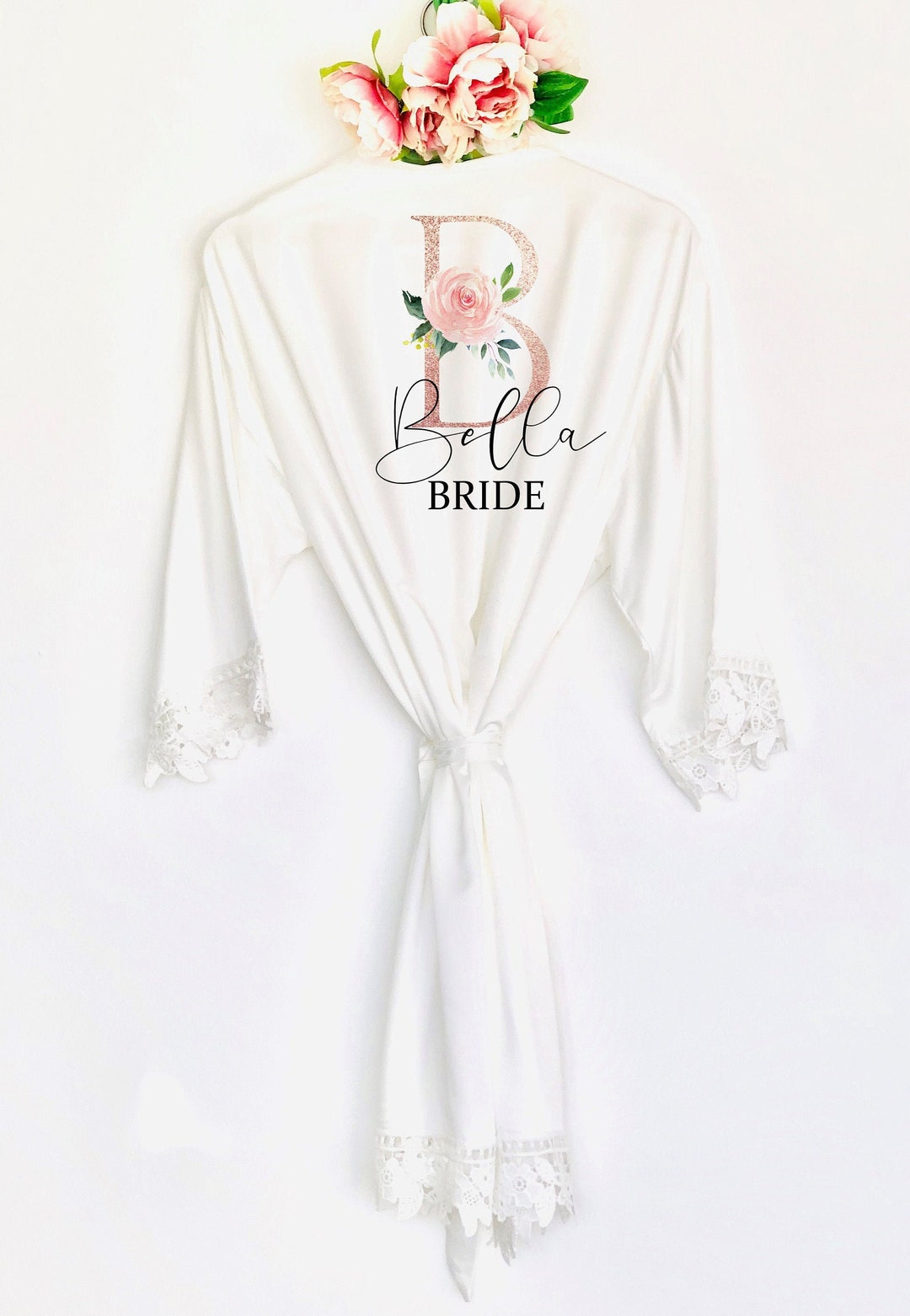 Floral Initials Robe, Bridesmaid Robe, Bridal Robe, Satin Lace Wedding ...