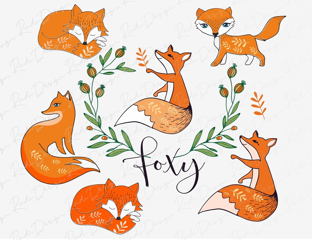 Fox Clipart, Cute Fox Illustrations, Florals Clipart, Digital File, PNG ...