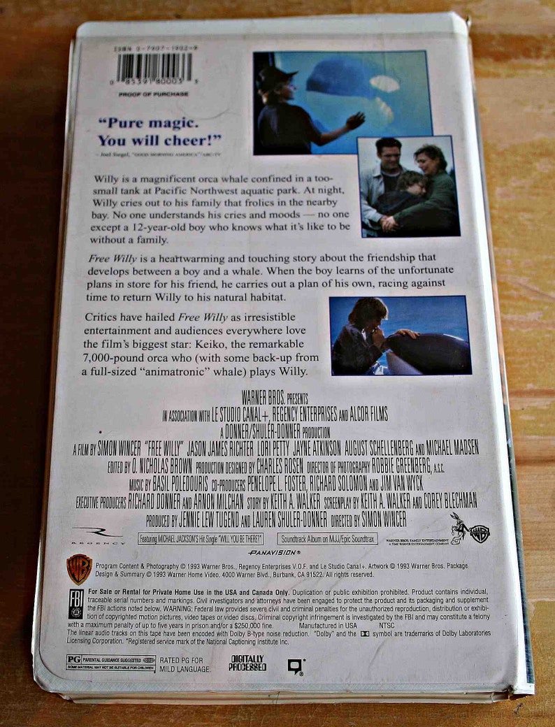 Free Willy, 1993 (VHS, 1993) Jason James Richter, August Schellenberg--director: Simon Wincer ...