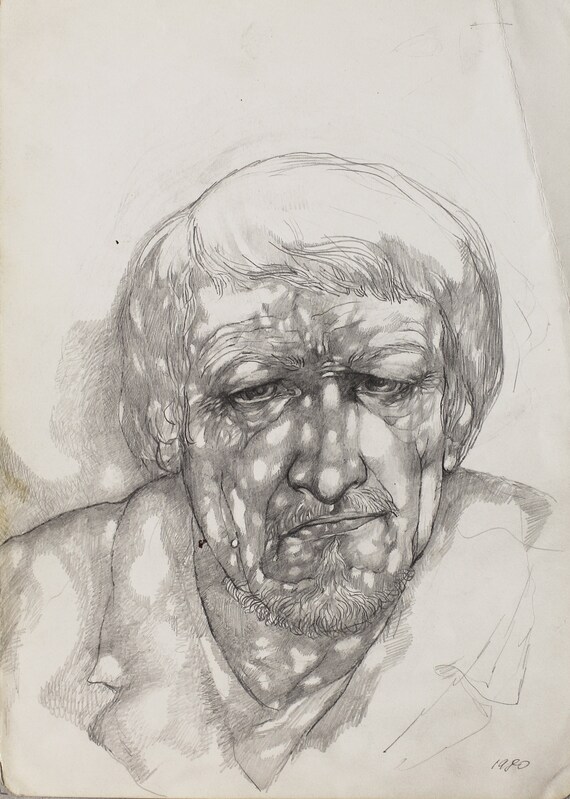 Male portrait Vintage drawing with graphite 1980 Old man | Etsy