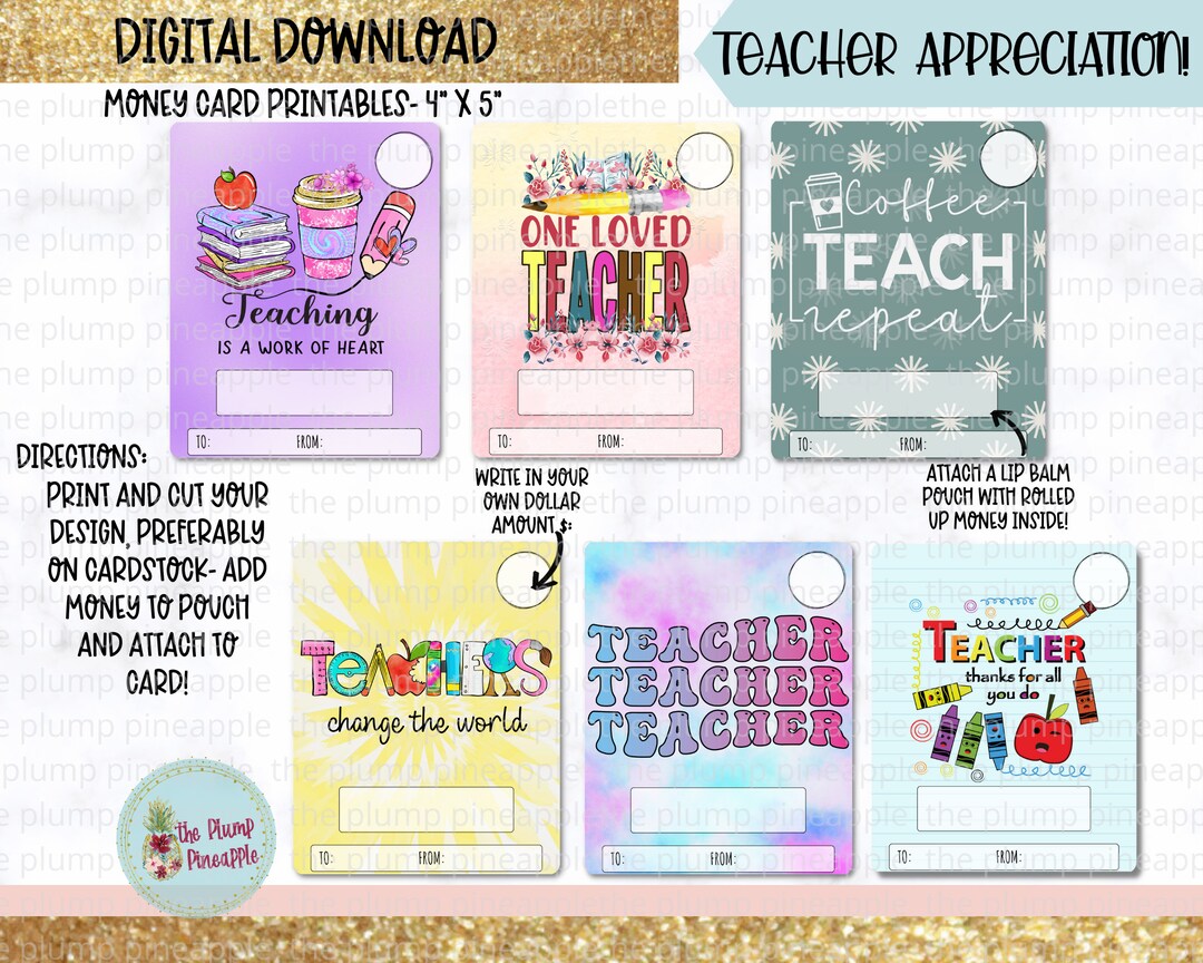 Teacher Printable Money Cards School Teacher Appreciation Gift Teacher ...