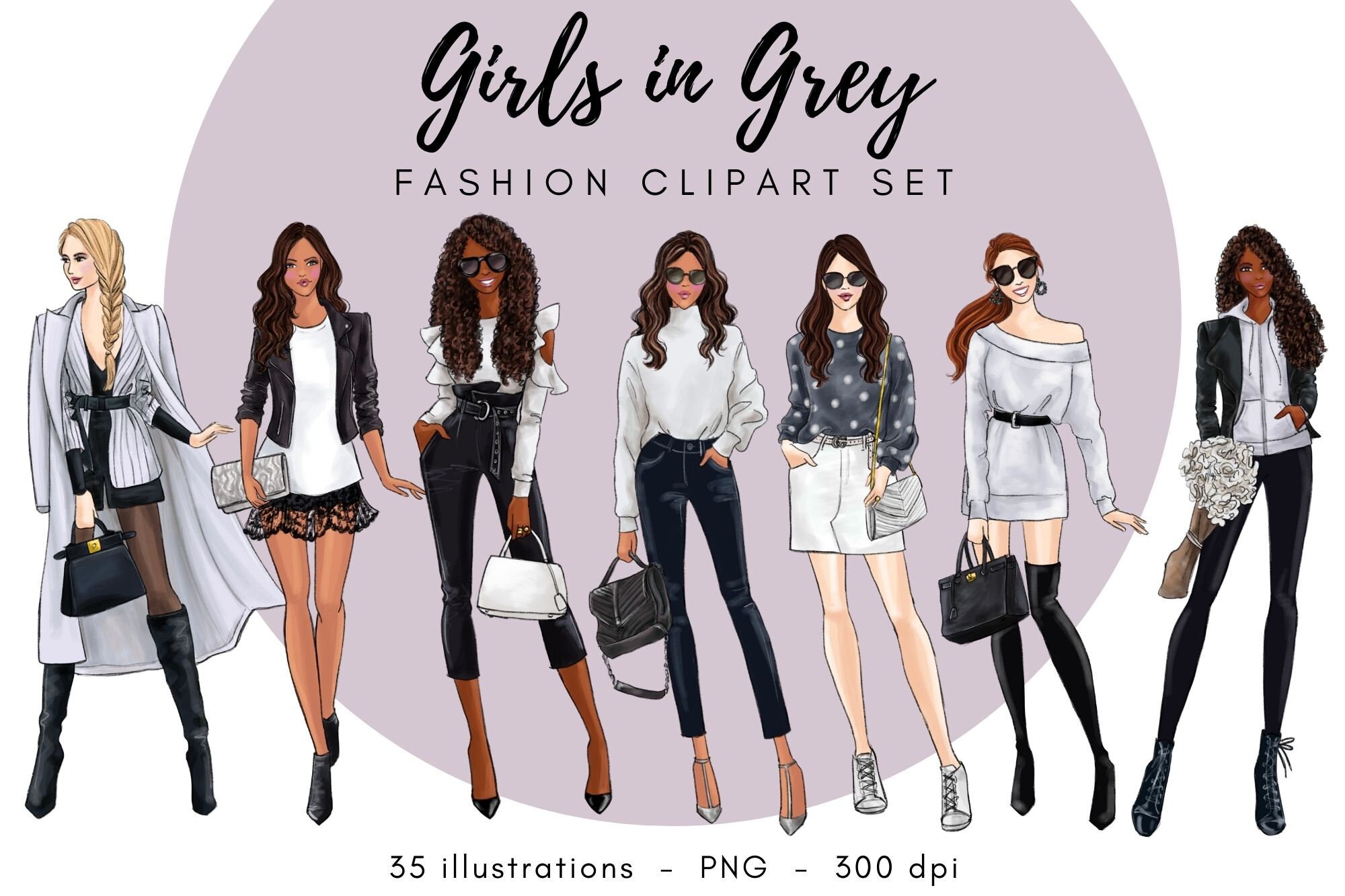 Girls in Grey Fashion Clipart Set Watercolor, Printable, Fashion ...