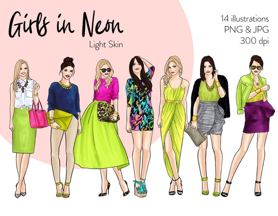 Girls in Neon Light Skin Fashion Illustration Clipart | Etsy