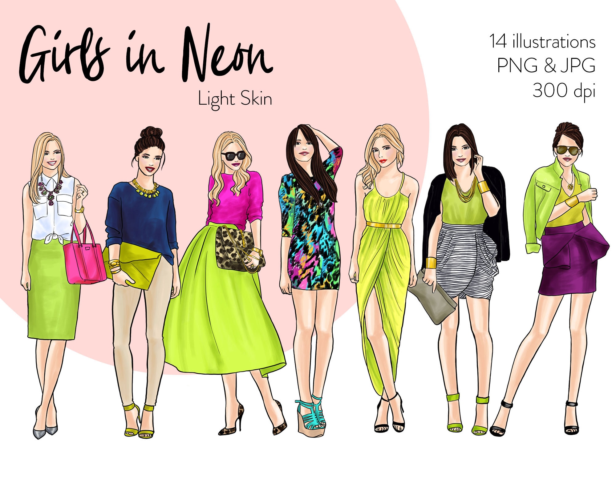 Girls in Neon Light Skin Fashion Illustration Clipart, Printable Art ...