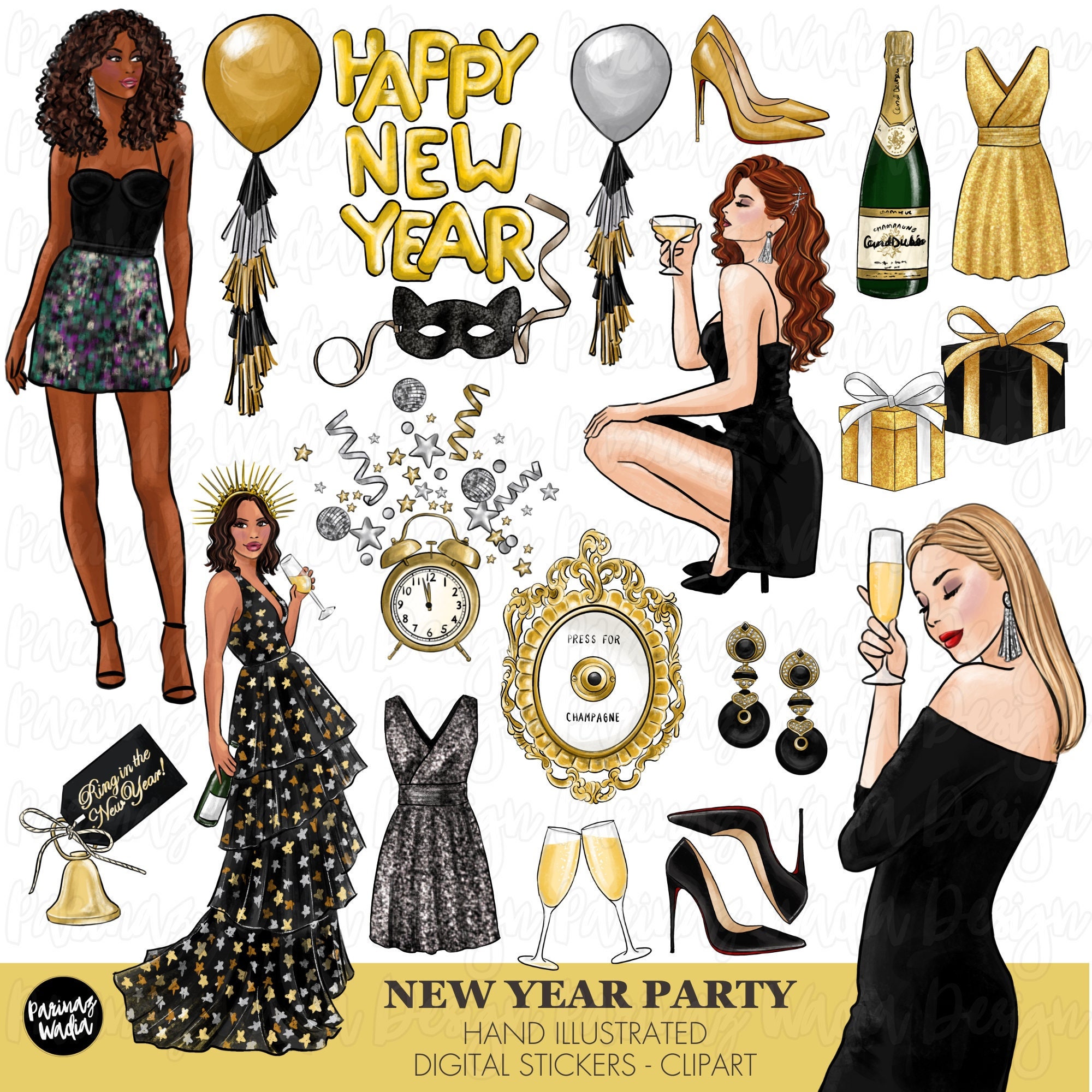New Year Party Clipart: Hand-drawn Fashion Illustrations (PNG), Instant ...