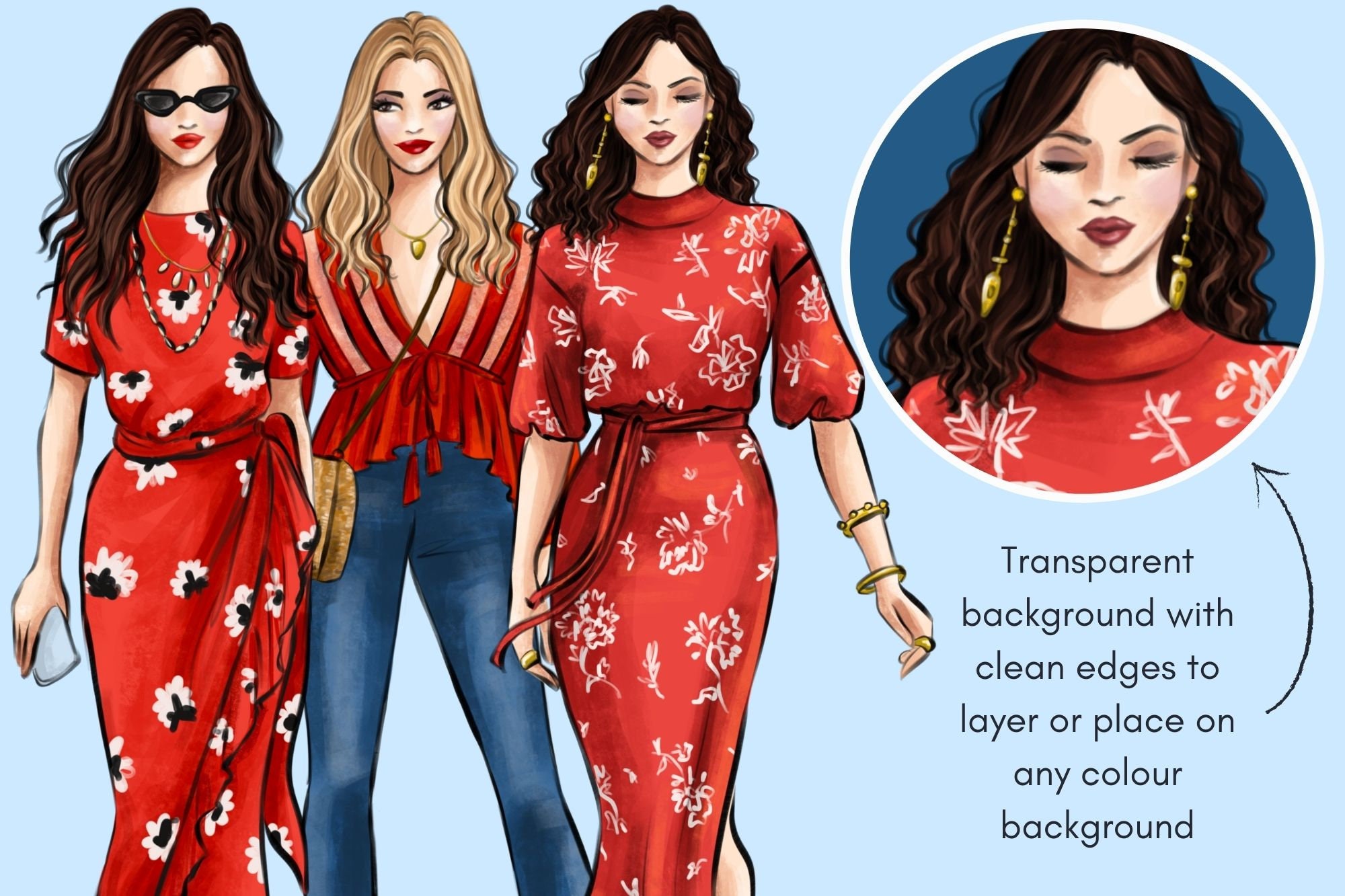 Girls in Red 4 Light Skin Fashion Illustration Clipart PNG - Etsy
