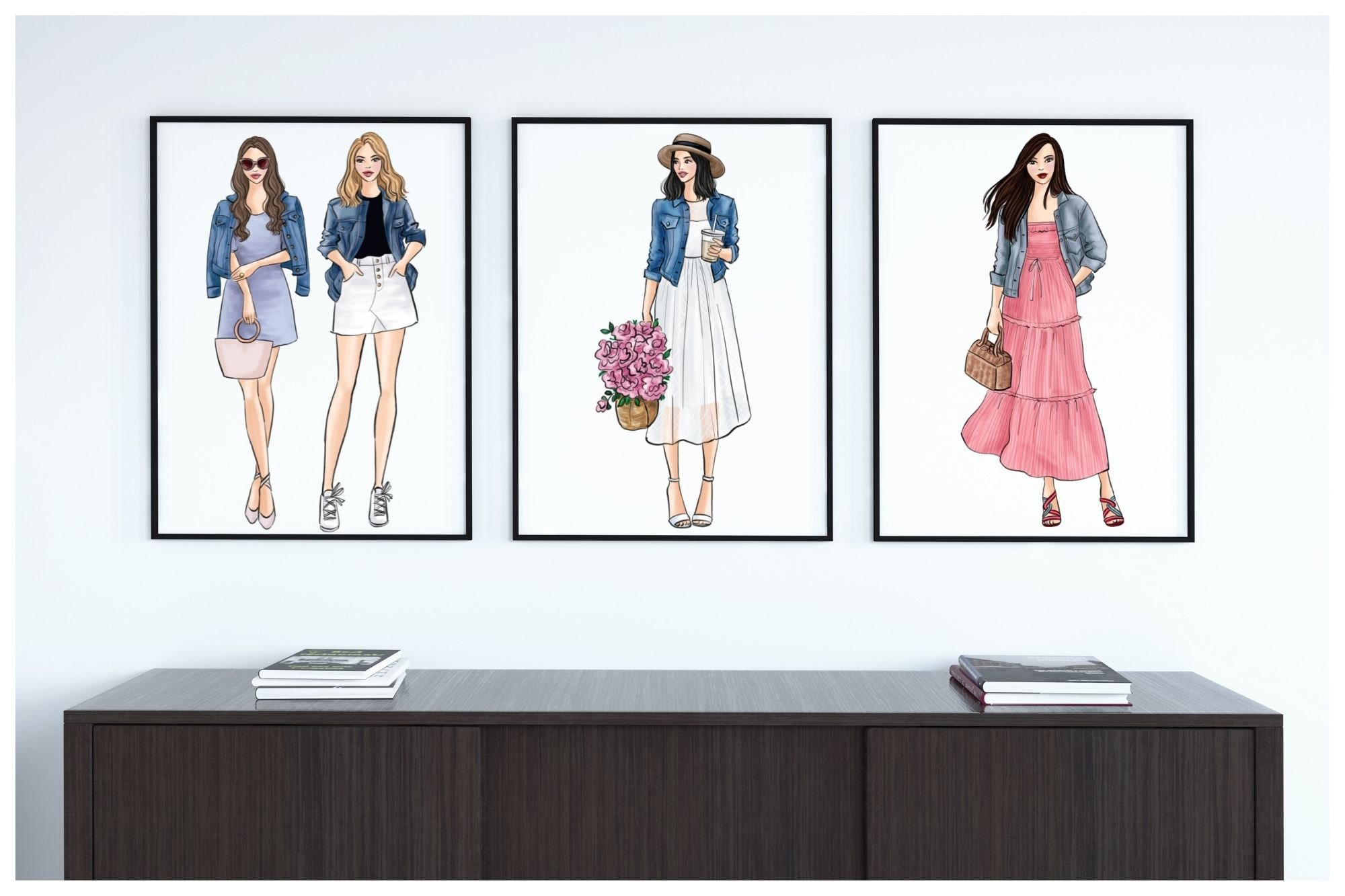 Denim Jacket Girls Clipart: Watercolor Fashion Illustration (digital ...
