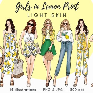 Girls in Lemon Print - Light Skin Fashion Illustration Clipart ...