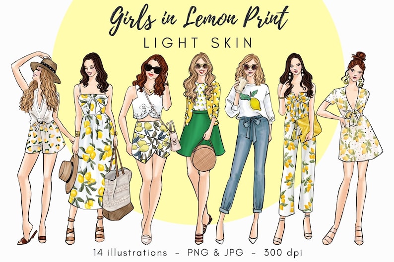 Girls in Lemon Print Light Skin Fashion Illustration - Etsy