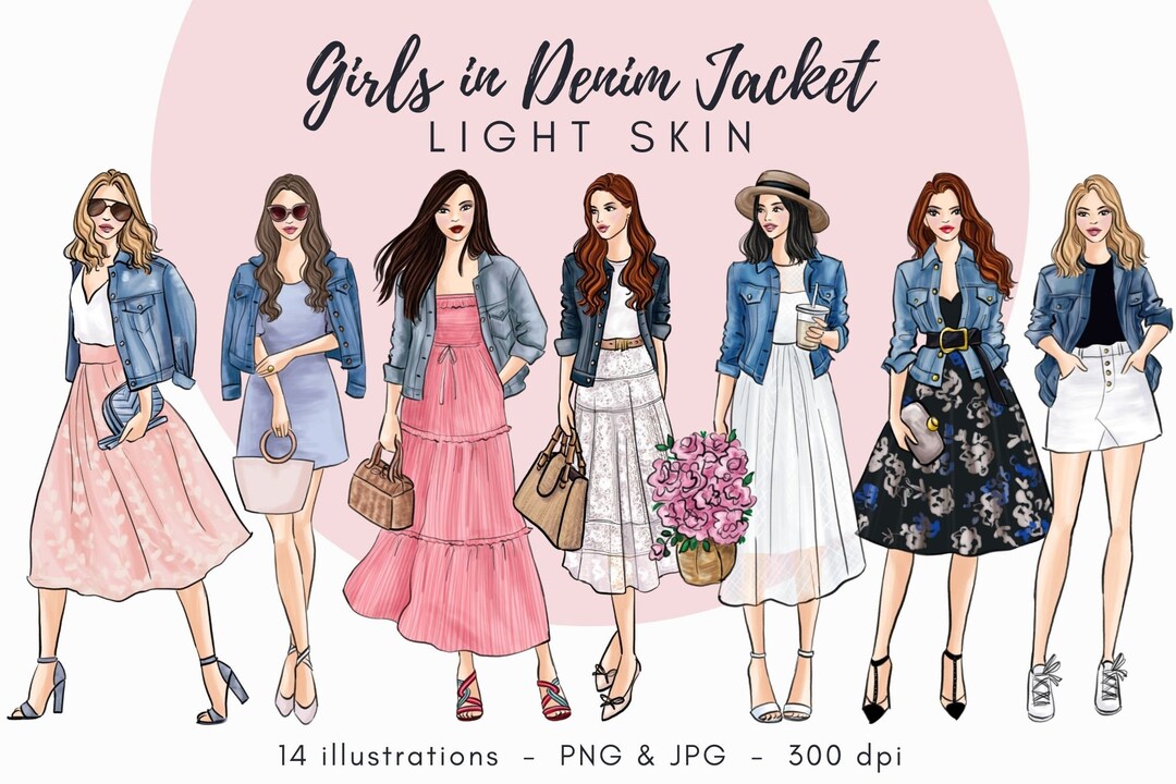 Girls in Denim Jacket - Light Skin Fashion Illustration Clipart ...