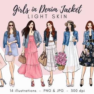 Girls in Denim Jacket - Light Skin Fashion Illustration Clipart ...
