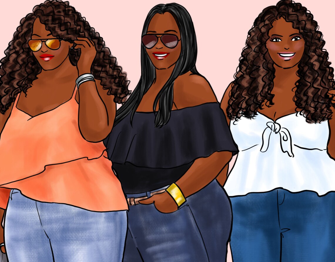 Curvy Girls in Jeans Dark Skin Fashion Illustration Clipart - Etsy