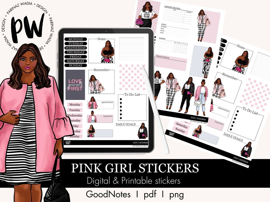 Digital Goodnotes Pink Girls Stickers - Dark Skin, Printable Stickers ...