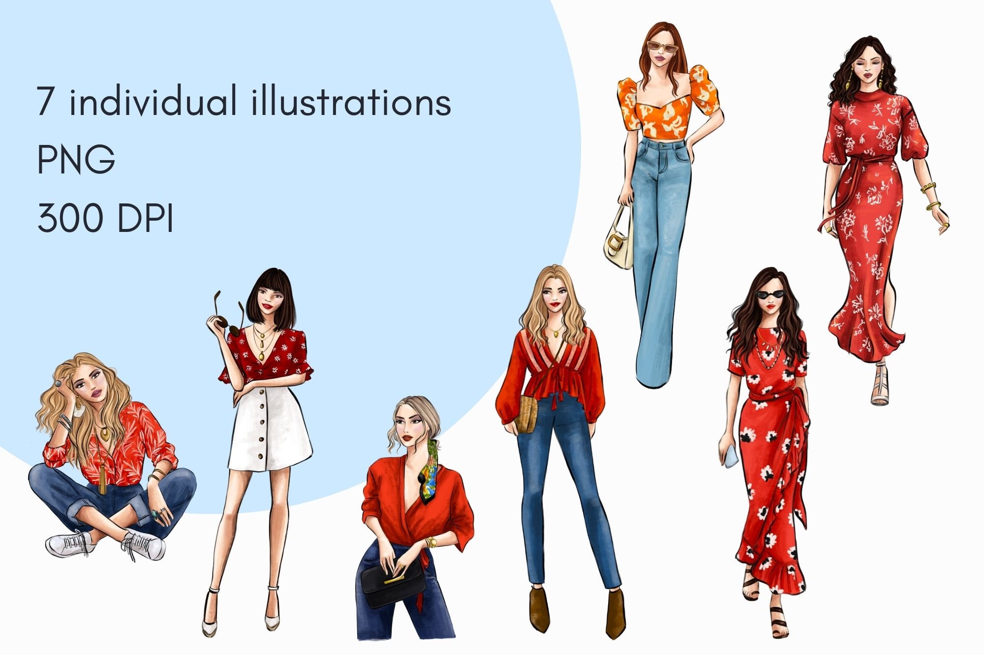 Girls in Red 4 Light Skin Fashion Illustration Clipart PNG - Etsy