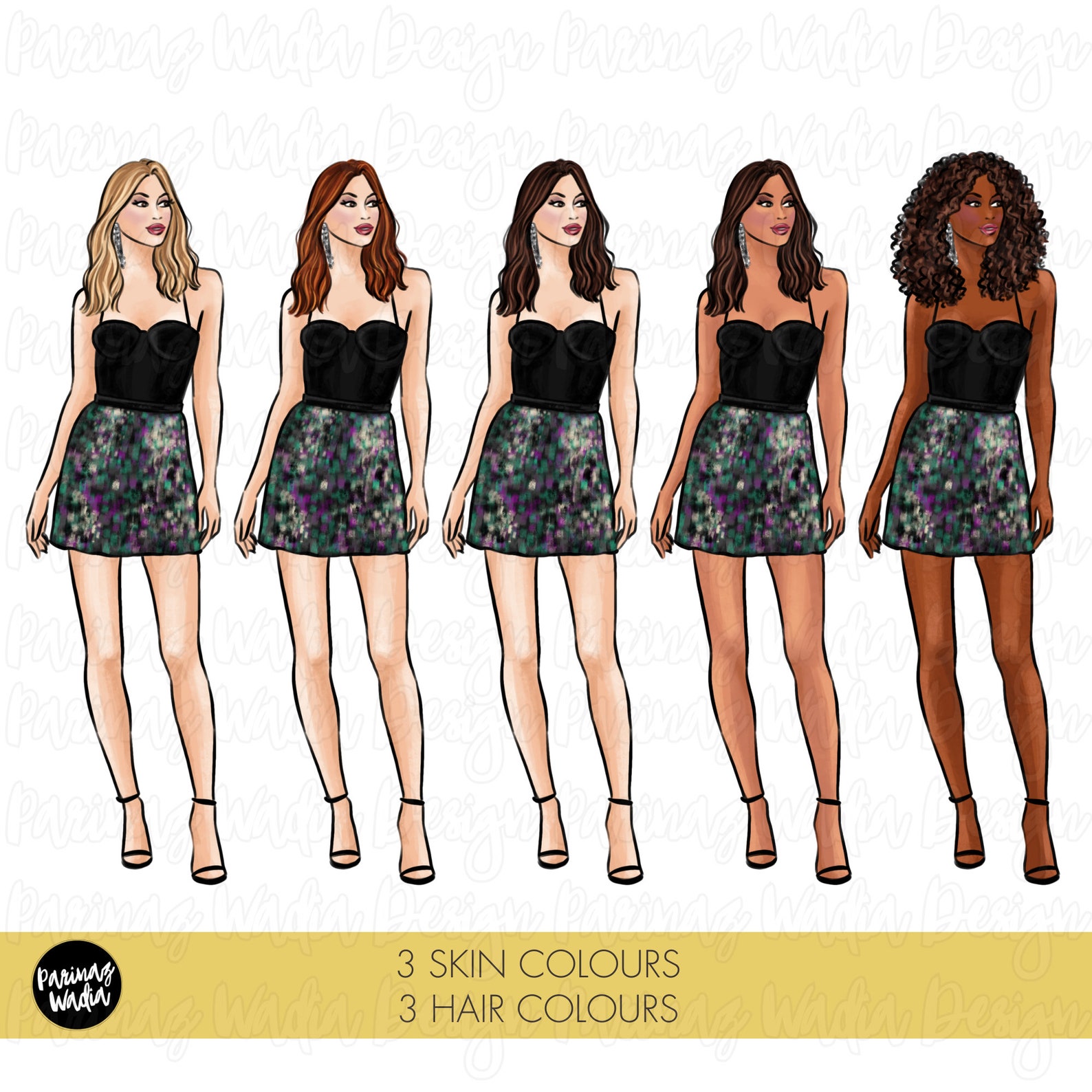 New Year Party Clipart: Hand-drawn Fashion Illustrations (PNG), Instant ...