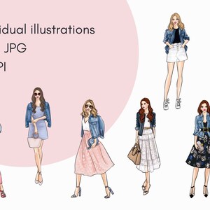 Denim Jacket Girls Clipart: Watercolor Fashion Illustration (digital ...