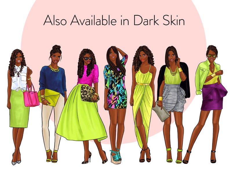 Girls in Neon Light Skin Fashion Illustration Clipart | Etsy
