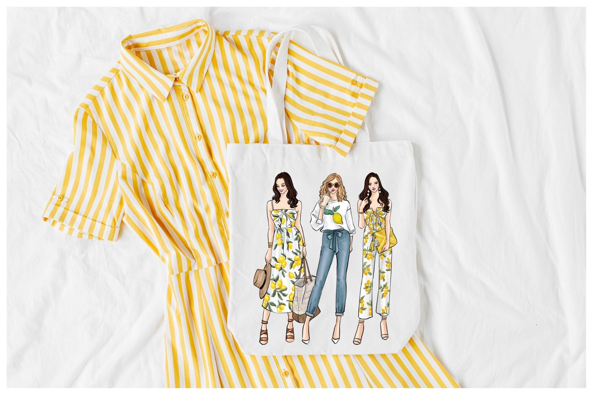 Girls in Lemon Print Light Skin Fashion Illustration - Etsy