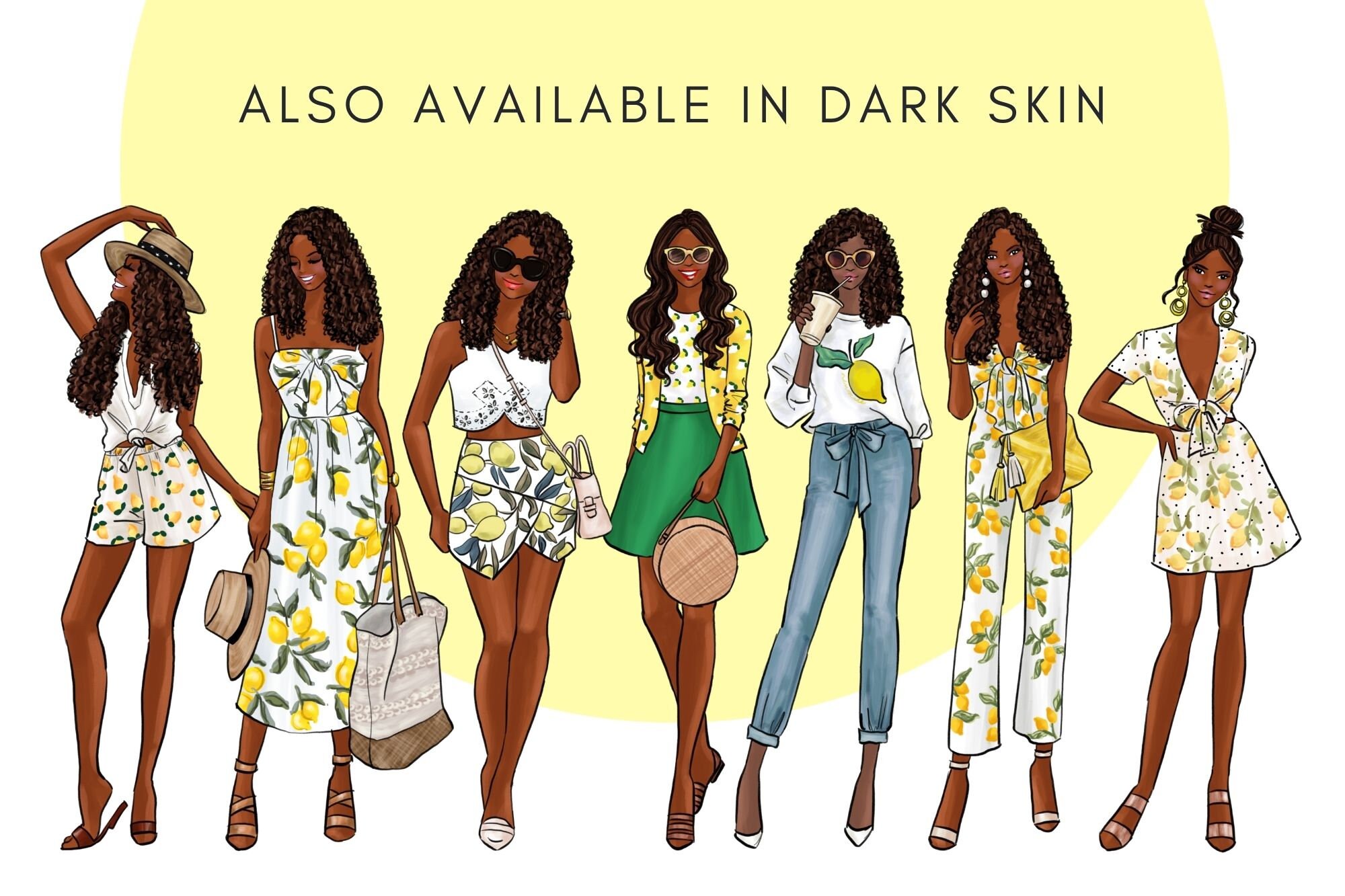 Girls in Lemon Print Light Skin Fashion Illustration - Etsy