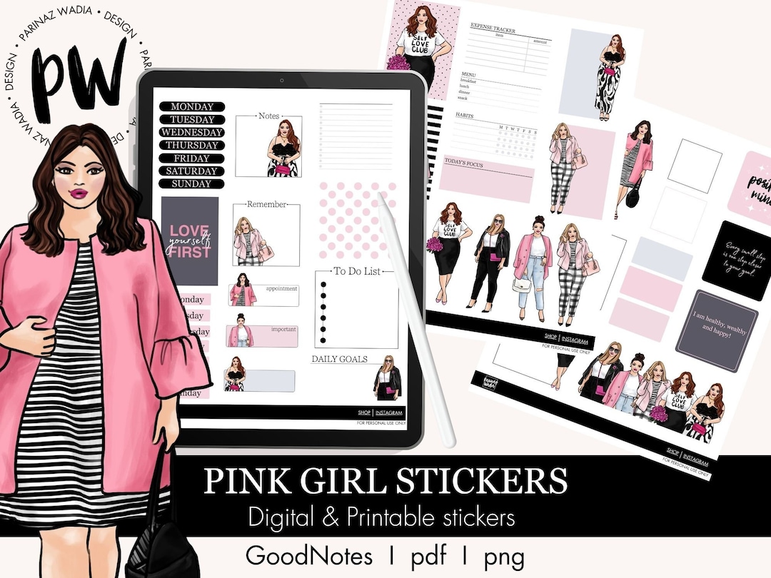 Digital Goodnotes Pink Girl Stickers - Light Skin, Printable Stickers ...