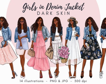 Girls in Denim Jacket Light Skin Fashion Illustration - Etsy