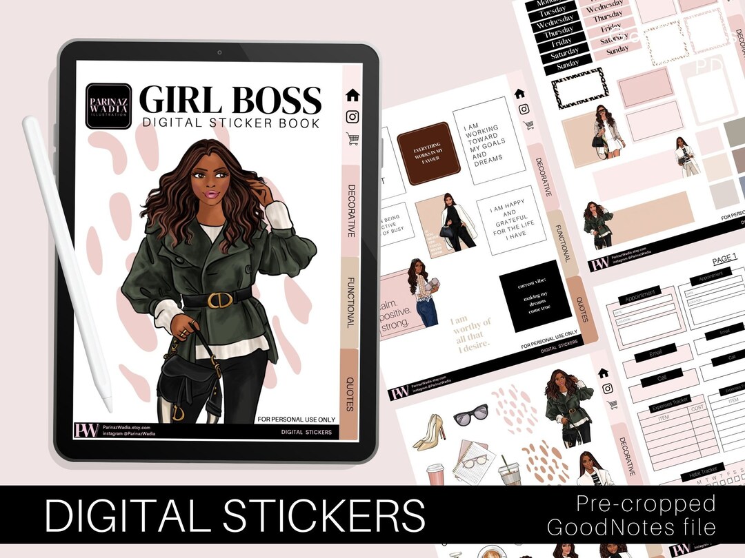 Digital Goodnotes Stickers Girl Boss - Dark Skin, Hyperlinked, Pre ...