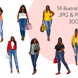 Curvy Girls in Jeans - Dark Skin Fashion Illustration Clipart ...