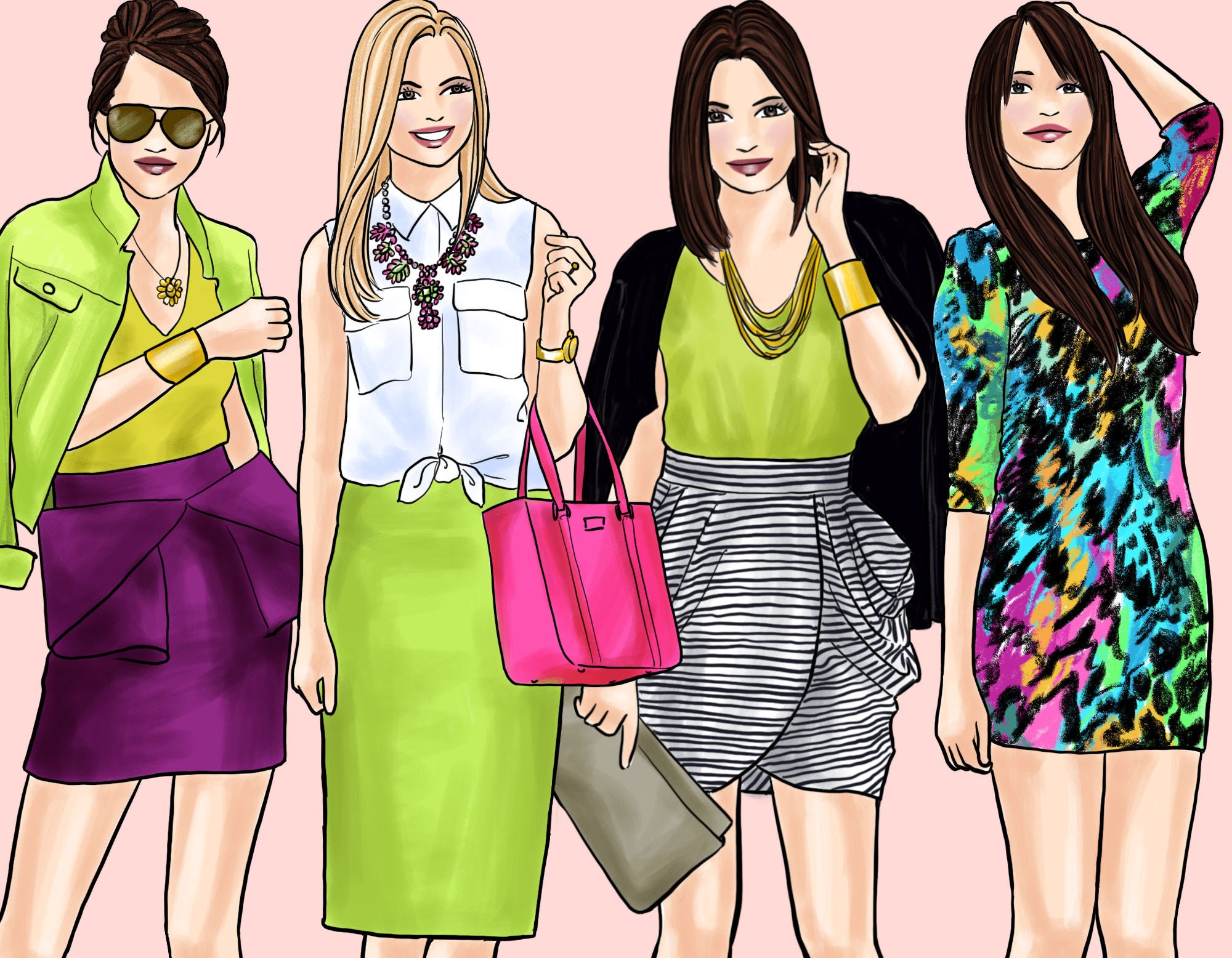 Girls in Neon Light Skin Fashion Illustration Clipart, Printable Art ...