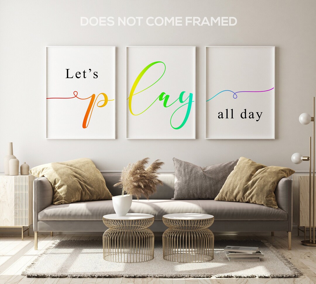 Let's Play All Day, Playroom Game Room Quotes, Set of 3 Colored Poster ...