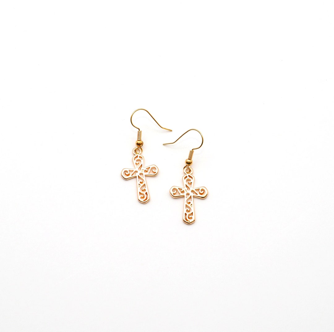 Gold Cross Earrings, Filigree Cross Earrings, Dangle Earrings, Baptism ...