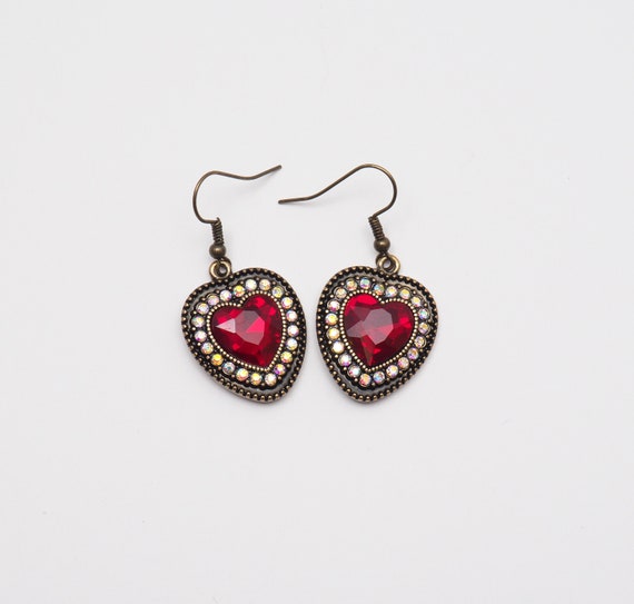 Ruby Red Heart Earrings Baroque Inspired Heart Earrings - Etsy